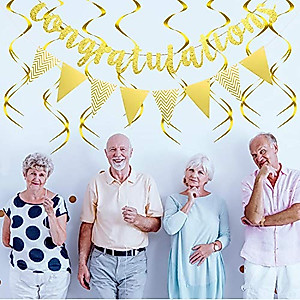 Gold Glitter Congratulations Banner Triangle Flag Banner with 12 Pieces Gold Hanging Swirls for Wedding Retirement Graduation Anniversary Party Decorations