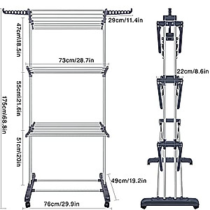 Kentaly Clothes Drying Rack, Large 3-Tier Rolling Folding Dryer Hanger Storage Collapsible Garment Rack Standing Rack with Foldable Wings and Casters for Indoor Outdoor
