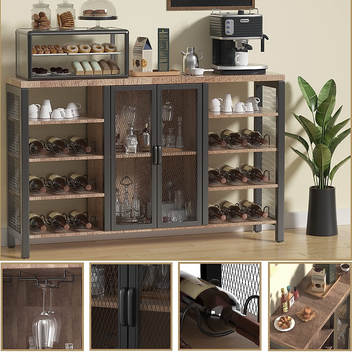 COZY EAGLE Industrial Wine Bar Cabinet, Coffee Bar Table with Storage & Rack for Liquor and Glasses for Home kitchen, Dining Room, 55.2 Inch Rustic Oak