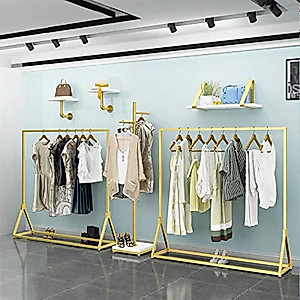 MDEPYCO Simple Fashion Rolling Garment Rack with Wheels,Commercial Grade Heavy Duty Metal Clothing Racks,Entryway Organizer Storage Shoes Bags Clothes Shelf (Gold Square Tube,47.2" L)