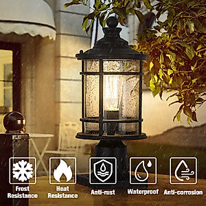 Emliviar Outdoor Post Light Fixtures, 15 Inch Farmhouse Modern Lamp Post Lighting for Outside, Black Finish with Seeded Glass, XE229P BK