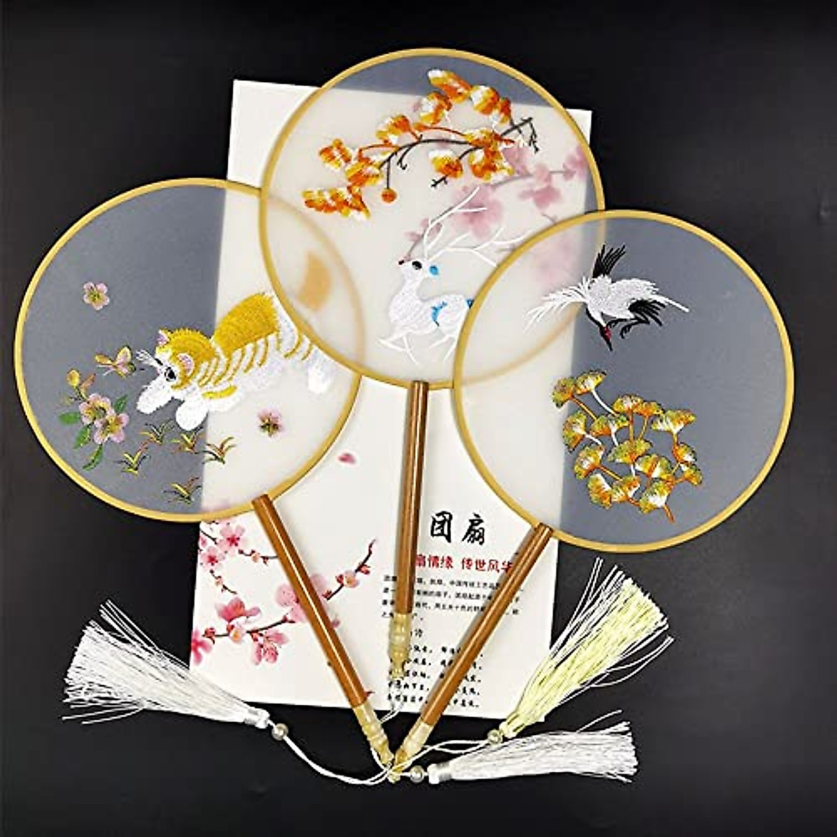 JOCERO Women Dancing Embroidery Flower Handheld Wooden Handle Fan Vintage Translucent Chinese Style Round Silk Fans with Tassels