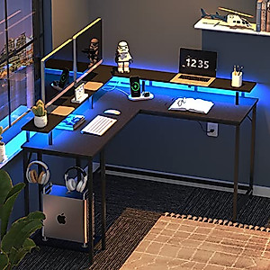 SUPERJARE L Shaped Gaming Desk with Power Outlets & LED Lights, Computer Desk with Monitor Stand & Storage Shelf, Home Office Desk Corner Desk with Hooks, Black