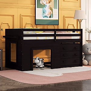 Twin Loft Beds with Storage Drawers Low Loft Bed Frame with Cabinet and Bedside Tray Wood Farmhouse Loft Bed for Kids Girls Boys Teens, Espresso