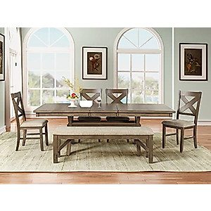 Roundhill Furniture Raven Wood 6-Piece Set, Extendable Trestle Dining Table with 4 Chairs and Bench, Glazed Pine Brown