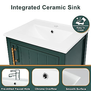 QuixotYDDZ 20" Bathroom Vanity Modern Bathroom Storage Cabinet with Ceramic Sink, Single Sink Bathroom Vanity Cabinet with Storage Rack and Open Shelf, Soft Closing Door, Green