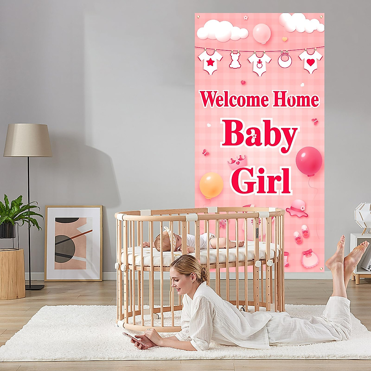 Labakita Welcome Home Baby Girl Door Banner, It’s a Girl Welcome Baby Girl Banner, Baby Shower Decorations for Girls, Gender Reveal Baby Shower Door Sign Party Decoration Inside Outside