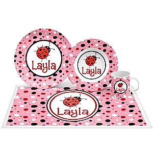 Kids Personalized Plate Set - Ladybug - Personalized Dinnerware Set, Ladybug Personalized Plate, Bowl, Placemat, Mug - Choose Your Pieces