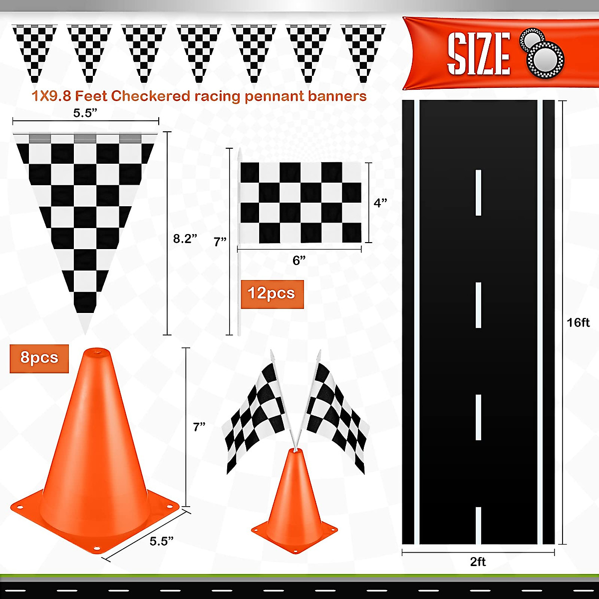Remagr 22 Pcs Race Car Birthday Party Supplies Include Racetrack Floor Running Mat Checkered Racing Pennant Banner Black and White Flags on Sticks, Mini Orange Sports Safety Cones for Racing Party
