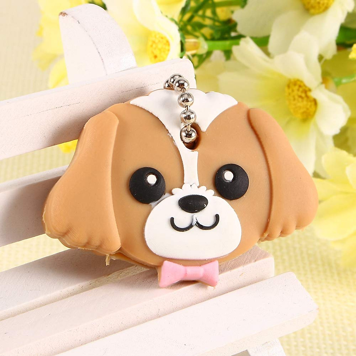 Key Cap Key Cover,Cute Dog Shape Key Cover,Lovely Cartoon Key Cap Keychain Key Holder with Pink Bowtie Key Identifier Caps Key Covers
