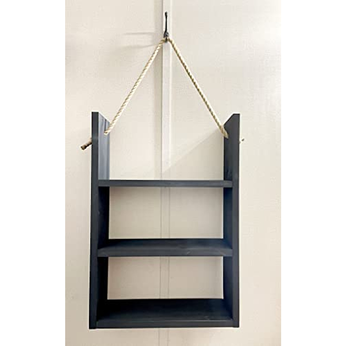 SFC Rustic Wood Bathroom Shelf Over Toilet, Bathroom Decor, Bathroom Shelves Wall Mounted, Rustic Bathroom Decor, Rustic Shelves, Farmhouse Bathroom Decor, Ladder Style Rope Hanging (Black Wire)