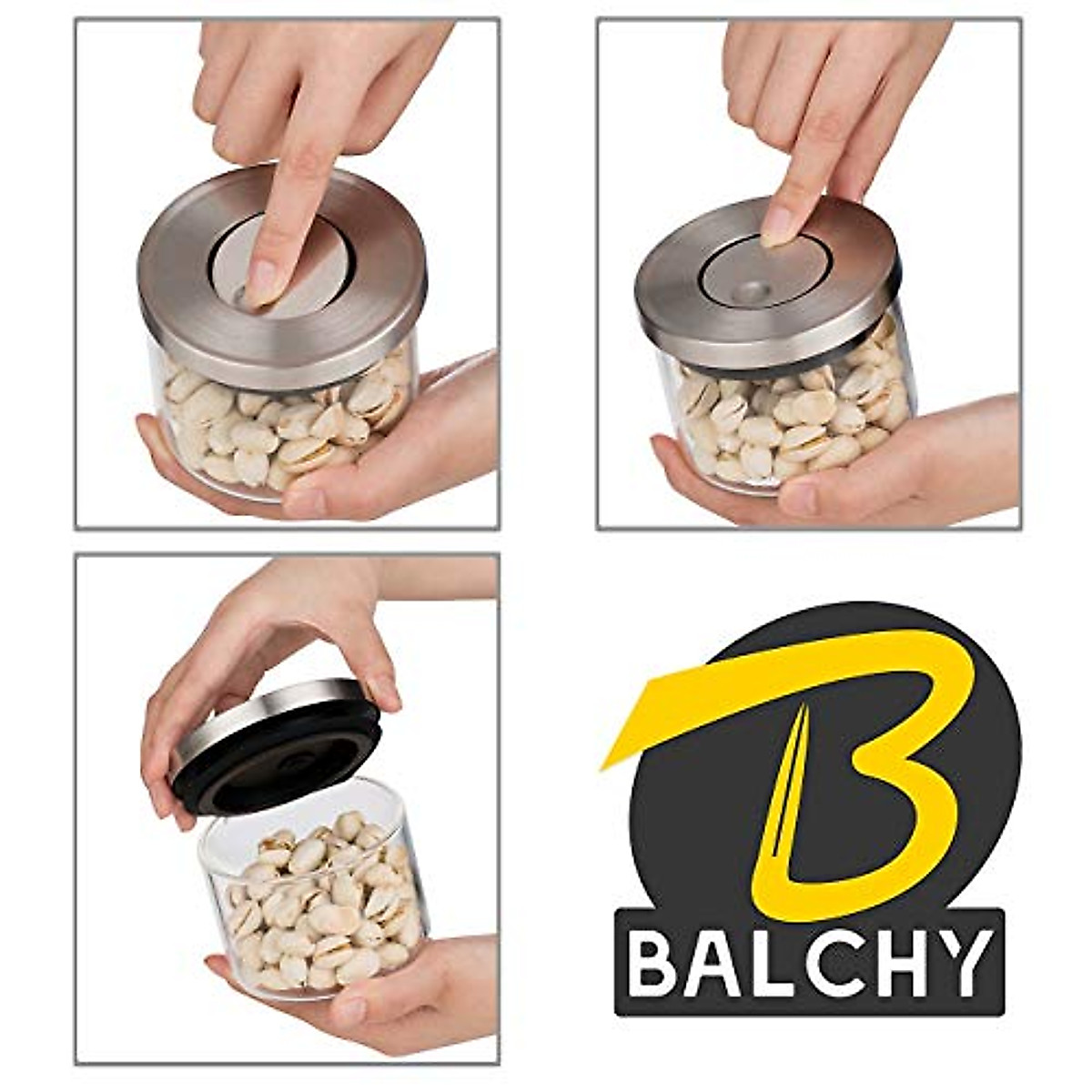 Balchy 5-Piece Canisters Sets with Silicone Seal Borosilicate Glass Jars Vacuum Seal for Tea Coffee Sugar Pop Flour Canister for Kitchen