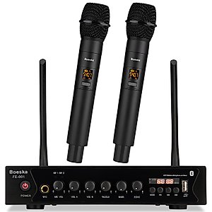 Wireless Microphone System UHF Dual Cordless Handheld Microphones Set for Home Karaoke, Singing, Speech, Party, Meeting, Church, 262ft Range (Black (w Battery))