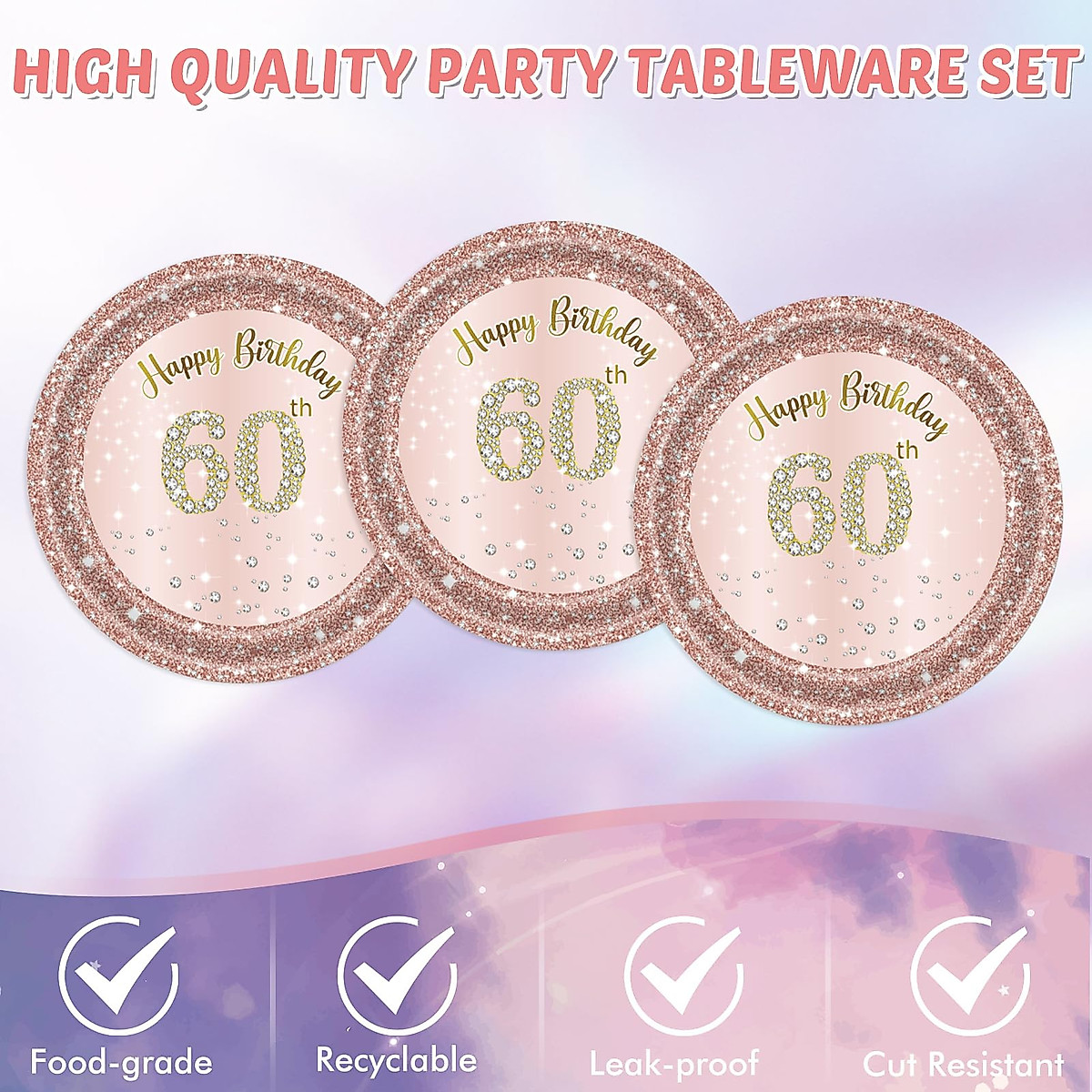 41PCS 60th Birthday Decorations For women Rose Gold Sixty Year Old Birthday Supplies Plates Napkins Tablecloth Disposable Tableware For 20 Guests