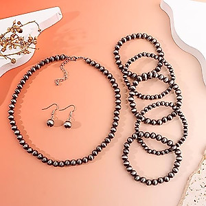 FINZOR 8 Pcs Western Jewelry Set for Women Including Vintage Navajo Pearl Necklace Cowgirl Western Style Navajo Pearl Earring Bracelets Set(8mm)