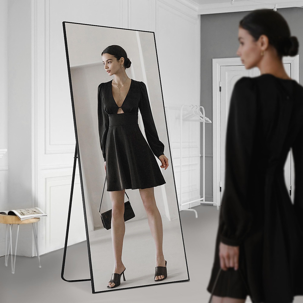 Sweetcrispy Full Length Mirror 59"x16" Full Body Floor Standing Mirror Hanging or Leaning Against Wall, Tall Wall Mirror with Stand Aluminum Alloy Frame for Bedroom Cloakroom, Black