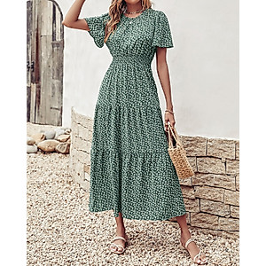 PRETTYGARDEN Women's Summer Casual Short Flutter Sleeve Round Neck Smocked Waist Tiered Boho Floral Flowy Maxi Dress(Small, Leaves Green)