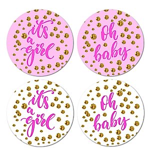 40 Pink Oh Baby It’s a Girl Stickers, 2 Inch Big Round Glossy Labels, Baby Shower, Great for Party Favors, Tags, Games and Supplies. Made in USA