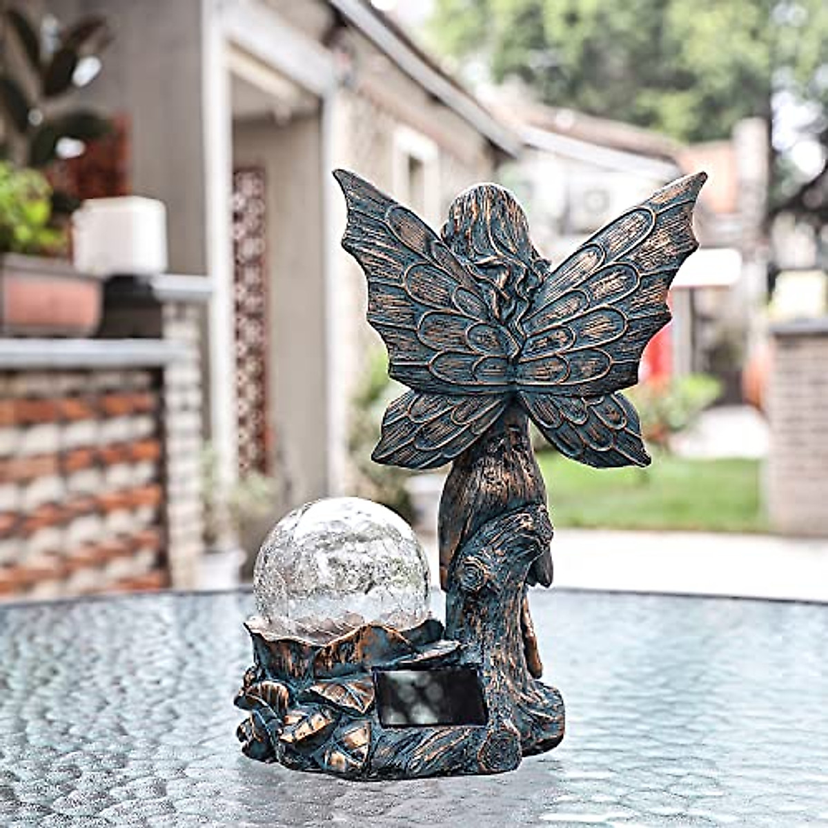 QZVANLON Fairy Garden Statue - Resin Solar Angel Figurines Garden Outdoor Decorations with Solar Crackle Glass Globe Lights, for Lawn Yard Patio Porch, Ornament Gift
