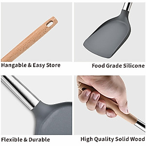 Silicone Cooking Utensils Set, 8pcs Cooking Nonstick Cookware With Wooden Handles and Holder for New Apartment Decor Gadget & Kitchen Tool Gift Sets (Grey)