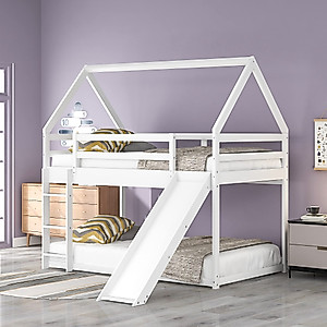 Harper & Bright Designs House Bed Bunk Beds with Slide, Wood Bunk Beds with Roof and Guardrail Twin Over Twin Bunk Bed for Kids, Toddlers, No Box Spring Needed (New, White)