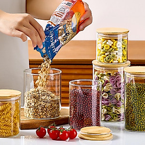 Meolibour 7 Pack Thicker Glass Food Storage Jars with Airtight Bamboo Lids, Clear Glass Storage Containers, Glass Canisters Set for Pasta, Nuts, Coffee Beans, Kitchen Pantry Organization Jar, BPA Free