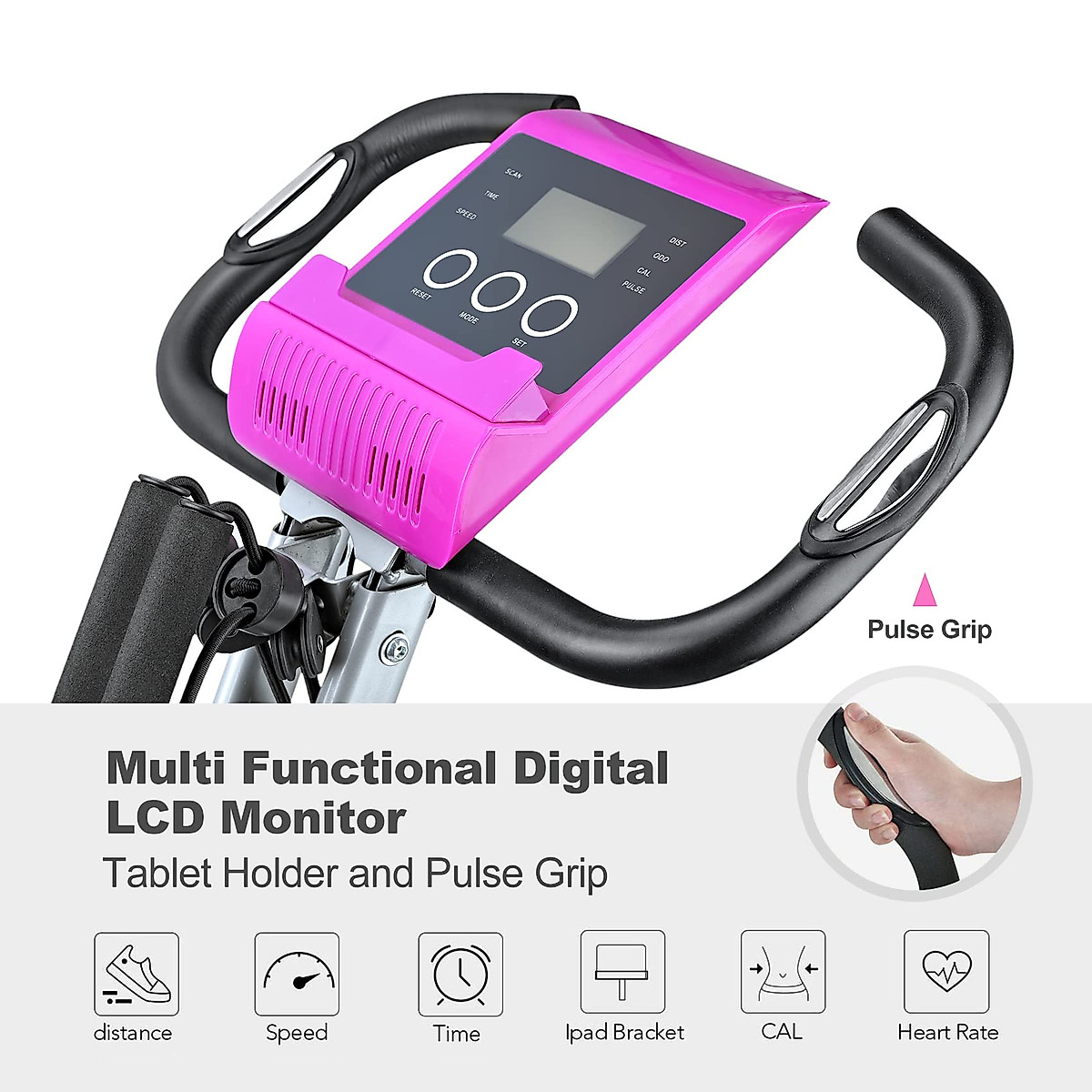 Folding Exercise Bike Portable Upright Adjustable Backrest Cycling Recumbent Stationary Bike Slim Indoor Workout Fitness Cardio Foldable Exercise Bicycle Machine with Pulse Sensor LCD Monitor Arm