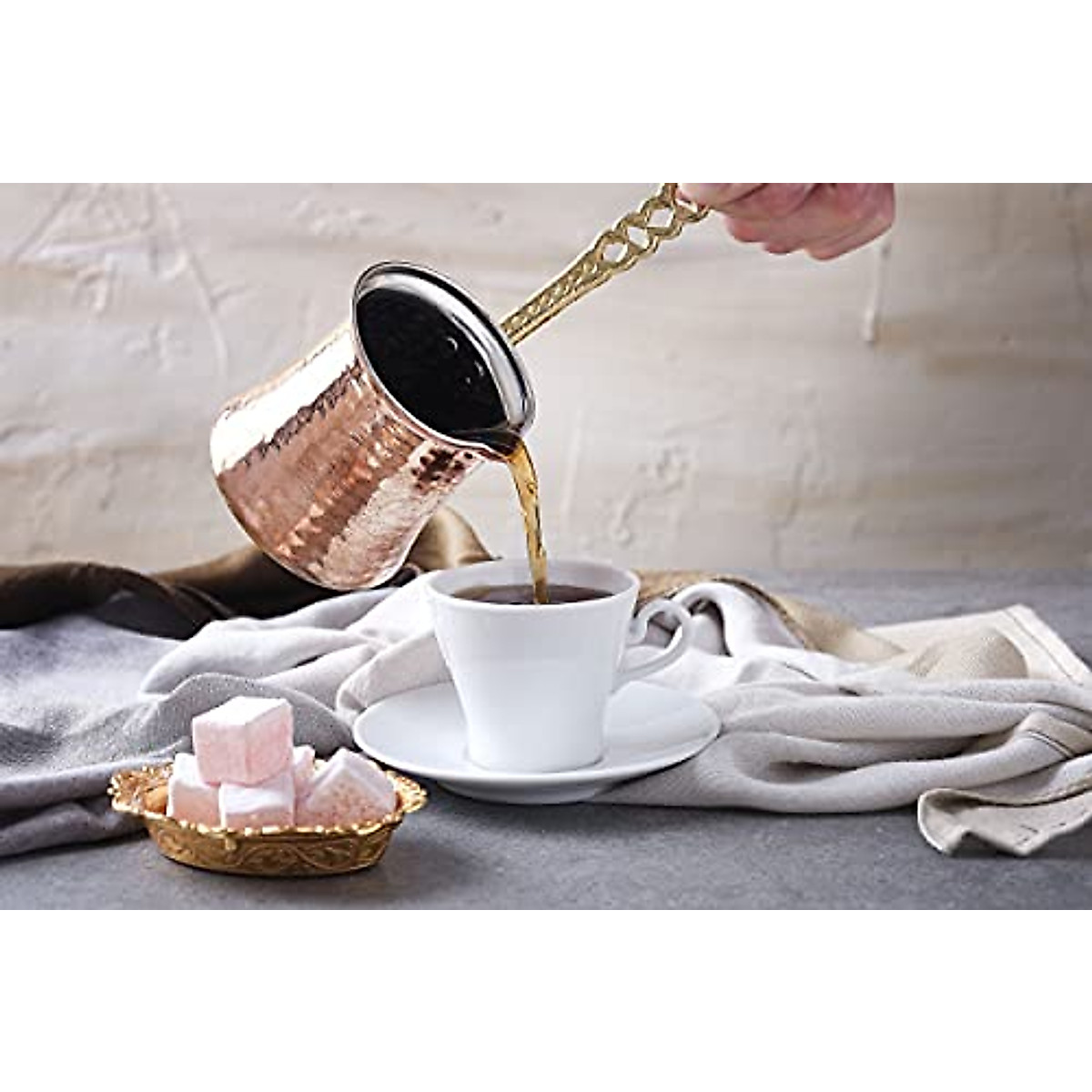 DESTALYA Turkish Coffee Pot, 5.07 fl oz Hammered Copper Coffee Maker with Metal Handle, Stove Top Small Warmer, Cezve (Coffee Pot with Spoon)