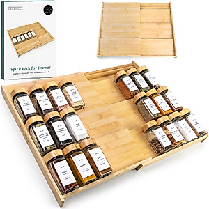 Bamboo Spice Drawer Organizer - Expandable 4 Tier Spice Rack (Need 3" Deep Drawer) 12" to 23" Wide, Seasoning Organizer, Organization Seasoning Rack insert for Kitchen Cabinet (Jars Not Included)
