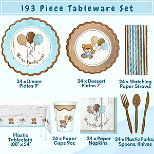 193 Pc Teddy Bear Baby Shower Decorations Tableware - We Can Bearly Wait Teddy Bear Plates, Cups, Napkins, Tablecloth, Straws, Cutlery - Serves 24