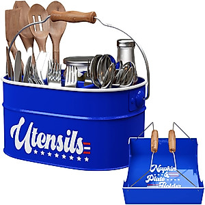 NOOK & FORK Farmhouse Utensil Caddy – Silverware & Flatware Holder/Organizer for Countertop & Parties with Matching Napkin Carrier Stars & Stripes