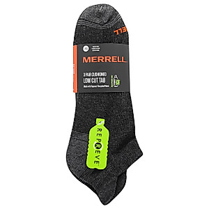 Merrell mens Repreve Cushioned Hiker Low Cut Tab 3 Pair Sock, Black Heather, S M Men s Shoe Size 5-8.5 US
