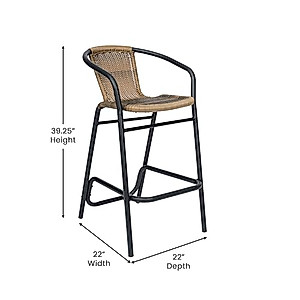Flash Furniture Lila Commercial Grade Rattan Indoor-Outdoor Commercial Restaurant Barstool - Rattan Seat and Back - Footrest - Medium Brown