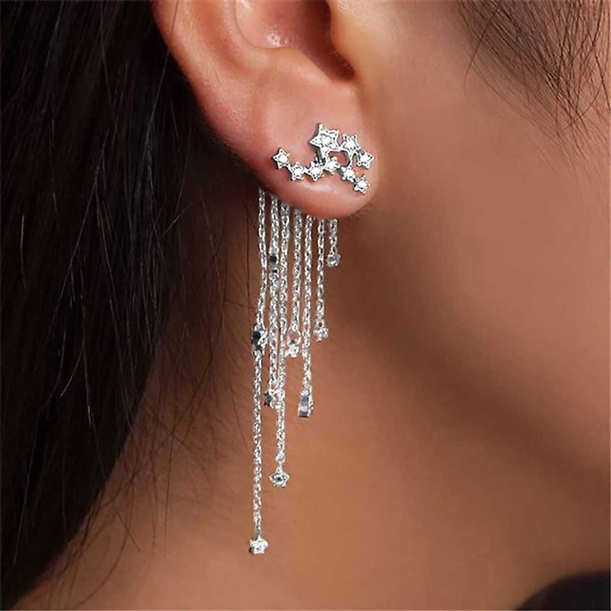 Denifery Shining Stars Tassel Earrings Hanging Exquisite Earrings,for Women (Silver)