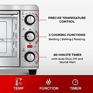 Mueller AeroHeat Convection Toaster Oven, 8 Slice, Broil, Toast, Bake, Stainless Steel Finish, Timer, Auto-Off - Sound Alert, 3 Rack Position, Removable Crumb Tray, Accessories and Recipes