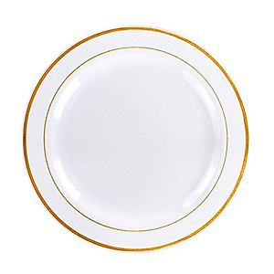 Gold Plastic Plates, MCIRCO 100 Pieces Disposable Party Plates for Weddings, Premium Gold Rim Plates, Include 50 10.25 Inch Dinner Plates and 50 7.5 Inch Dessert Appetizer Plates