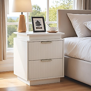 Furmax Nightstand with LED Light, Set of 2 Night Stand with Drawers, White Bedside Table, Modern End Side Table for Bedroom