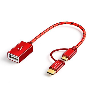 CableCreation Micro USB & Type C to USB 2.0 Female Adapter Cable, 0.6ft Short OTG (on-The-go) Cable Compatible with Pixel 3XL 2XL, Galaxy S22/S20/S10, Android and Type C Devices, 0.18M /Red