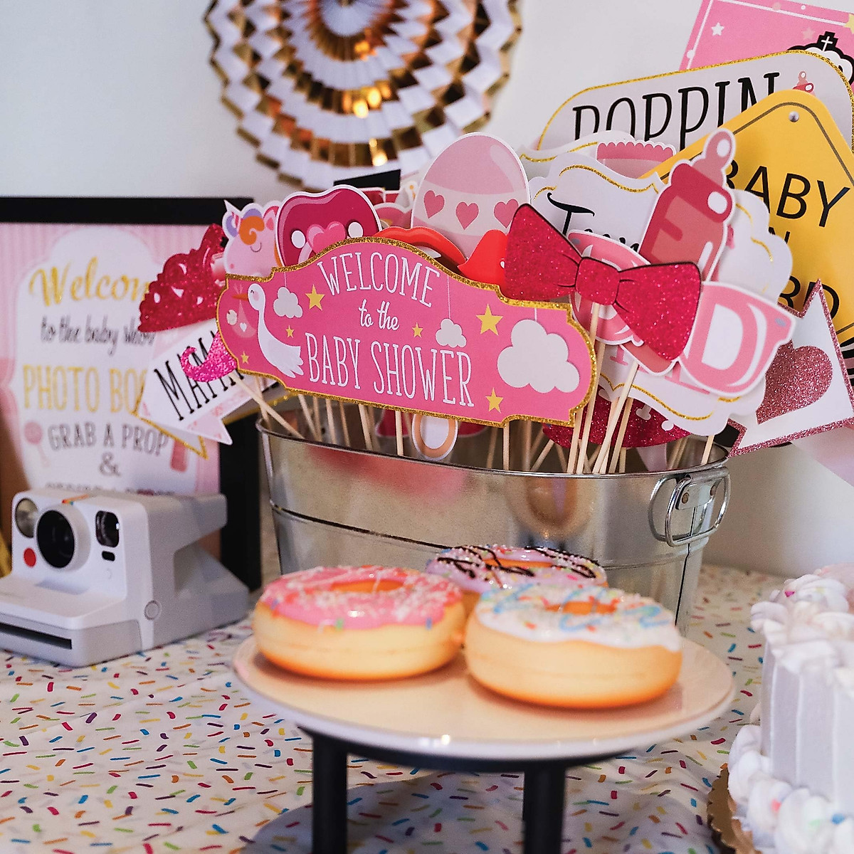 Girl Baby Shower Photo Booth Props - 41-pc Photobooth Kit with 8 x 10-Inch Sign, 60 Adhesive Pads, 45 Sticks - Baby Photo Booth Props Girl - Photo Props for Baby Shower