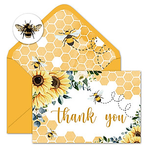 Whaline 24Pcs Sunflower Bee Thank You Cards Bulk Watercolor Summer Flower Greeting Cards with Envelope Stickers Blank Note Cards for Wedding Baby Shower Bridal Birthday Party, 4 x 6 Inch