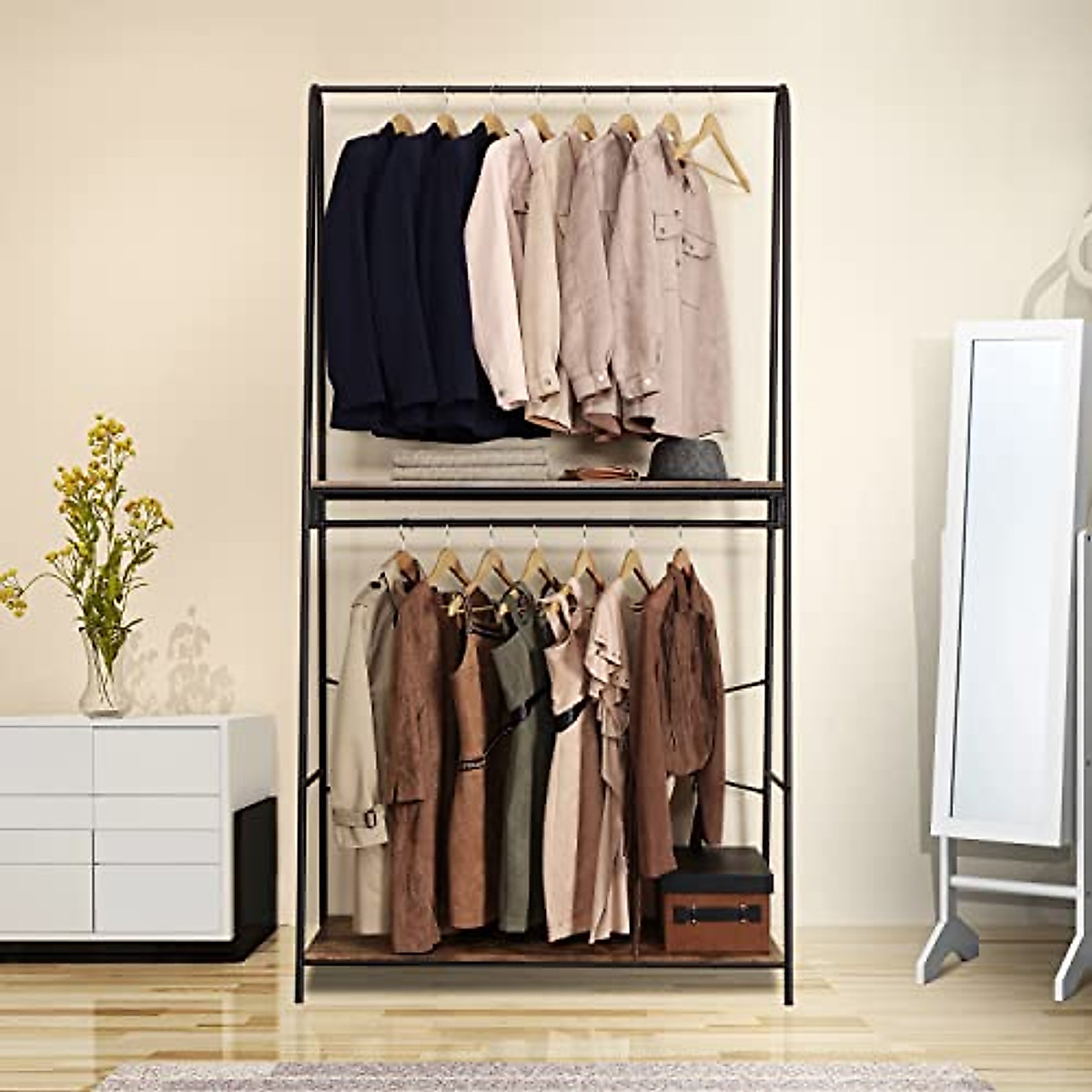 Finnhomy Rustic Clothes Rack for Hanging Clothes Heavy Duty Clothing Garment Racks with 2-Tier wood Shelves, Metal Freestanding Closet Storage Rack Double Hanging Rails for Bedroom/Boutique