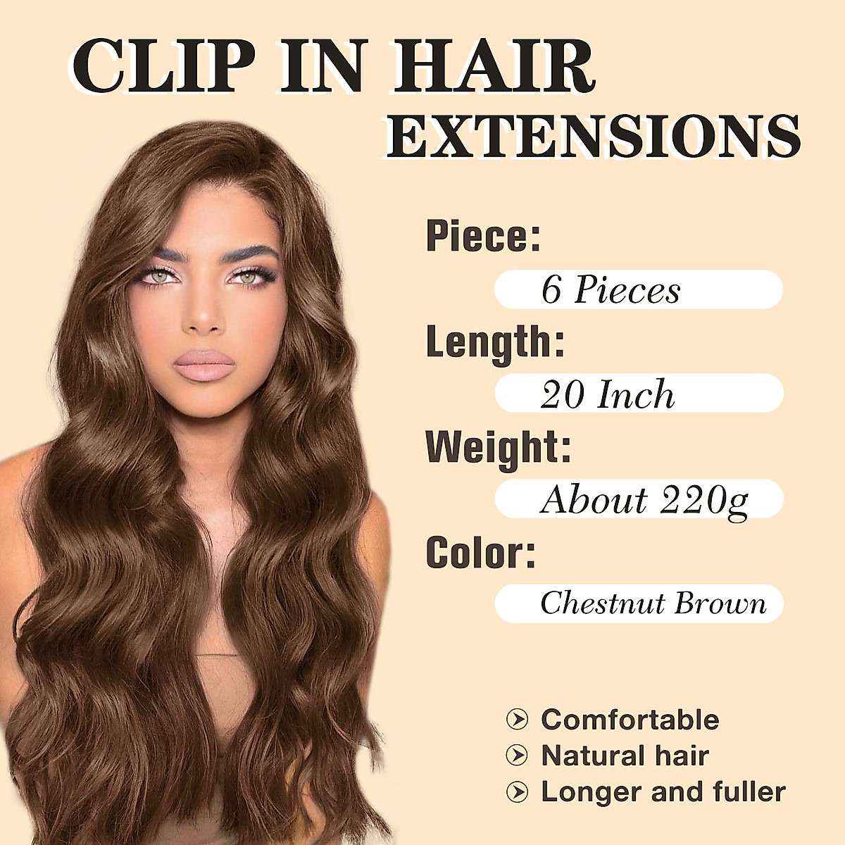NAYOO Clip in Hair Extensions for Women 20 Inch Long Wavy Curly Chestnut Brown Hair Extension Full Head Synthetic Hair Extension Hairpieces(6PCS,Chestnut Brown)