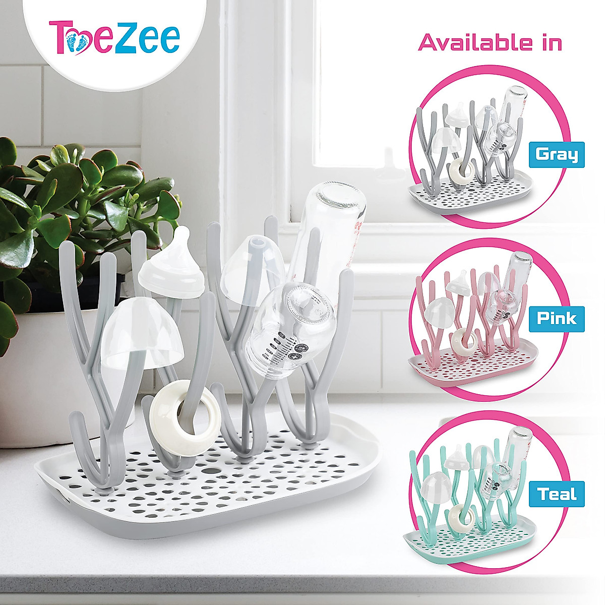 ToeZee Baby Bottle Drying Rack Space Saving Countertop Baby Bottle Holder, Drying Rack for Baby Bottles Accessories - Stores Up to 12 Bottles, Dishwasher Safe (Gray)