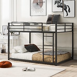 CNANXU Full Over Full Bunk Bed,Heavy Duty Metal Bunk Bed Frame with Ladder & Guardrail for Kids Bedroom,No Box Spring Required,Black