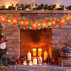 Dazzle Bright 2 Pack 7 FT Christmas Poinsettia Flowers Garland Decorations, 10 LED Lighted Artificial Velvet String Lights with Red Berries, Xmas Ornaments for Indoor Outdoor Fireplace Decor
