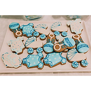 Moleou Baby Shower Cookie Cutter Set, 7Piece Cookie Cutters Include: Onesie, Bib, Baby Carriage, Bottle, Rattle, Rocking Horse and Frame, with Extra Gift 2Pcs Sugar Stir Needle