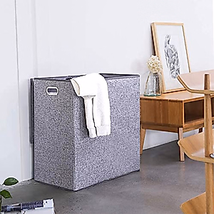SUPERJARE Double Laundry Hamper with 2 Removable Liner Bags, 150 L Large Laundry Basket with Magnetic Lid, Collapsible Clothes Hamper with Easy Carry Built-in Handles, 2 Section, Linen Gray