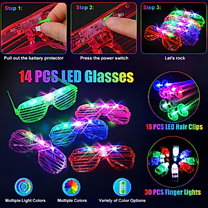 SHQDD158 PCS Glow in the Dark Party Supplies,14PCS LED Glasses, 30LED Finger Lights, 14LED Light Hairs and 100PCS Glow Sticks Bracelets, New year Party Favors for New Year, Wedding, Concert,Neon Party