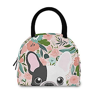 YiGee French Bulldog Floral Dog Lunch Bag Tote Bag, Insulated Organizer Zippered Lunch Box Lunchbox Lunch Container Handbag for Women Men Home Office Picnic Beach Use