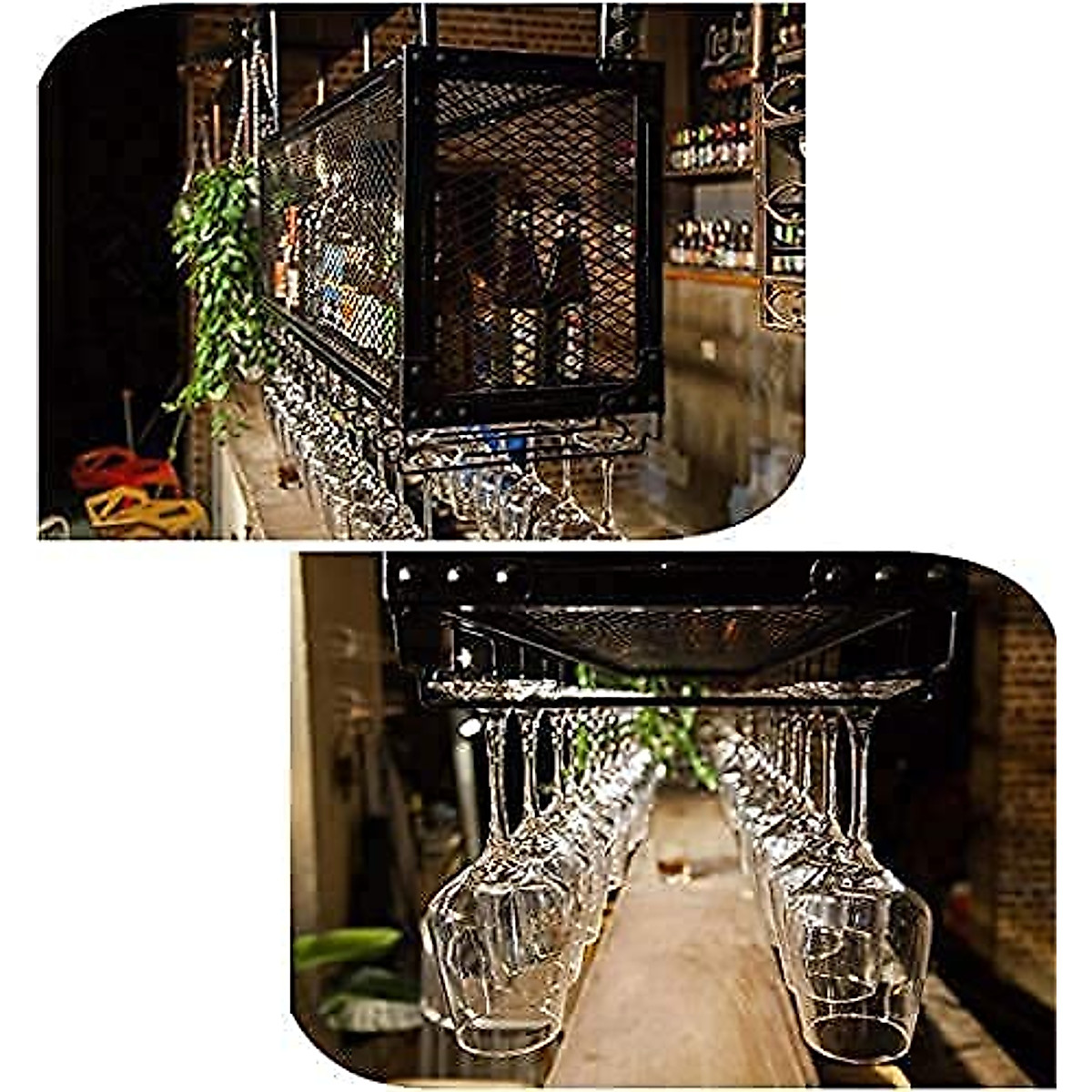 Wheel-hy Wine Rack Ceiling Wine Racks,Bar,Restaurant,Hanging,Wine Glass Rack,Ceiling Rack Storage s Hanging Wine Bottle and Glass Holder 2-Tier Wine Stemware Holder/Black/L80W30Cm